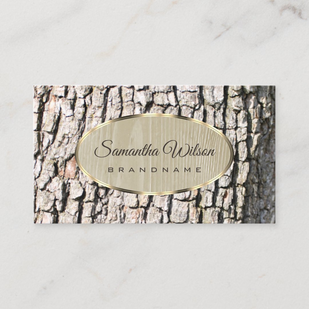 Rustic Tree Bark Wood Grain with Oval Gold Border Business Card | Zazzle
