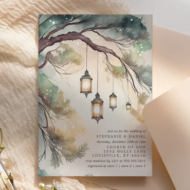 Rustic Tree Botanical Lantern Lights Wedding Invitation | Zazzle