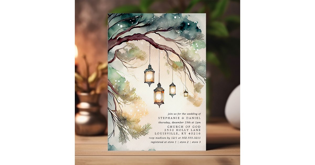 Rustic Tree Botanical Lantern Lights Wedding Invitation | Zazzle