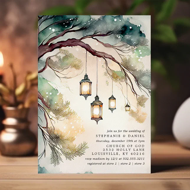 Rustic Tree Botanical Lantern Lights Wedding Invitation | Zazzle