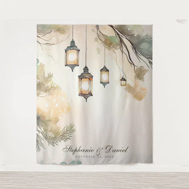 Rustic Tree Botanical Lantern Lights Wedding Photo Tapestry | Zazzle