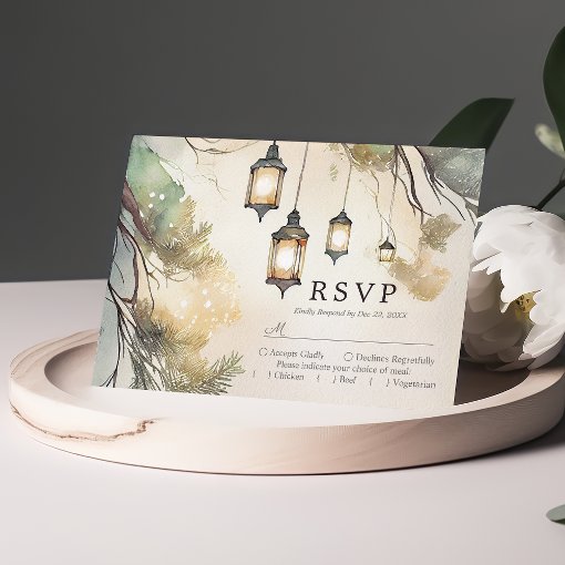 Rustic Tree Botanical Lantern Lights Wedding RSVP Card | Zazzle