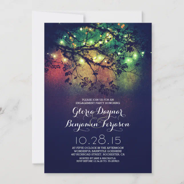 Rustic tree branches & lights engagement party invitation | Zazzle