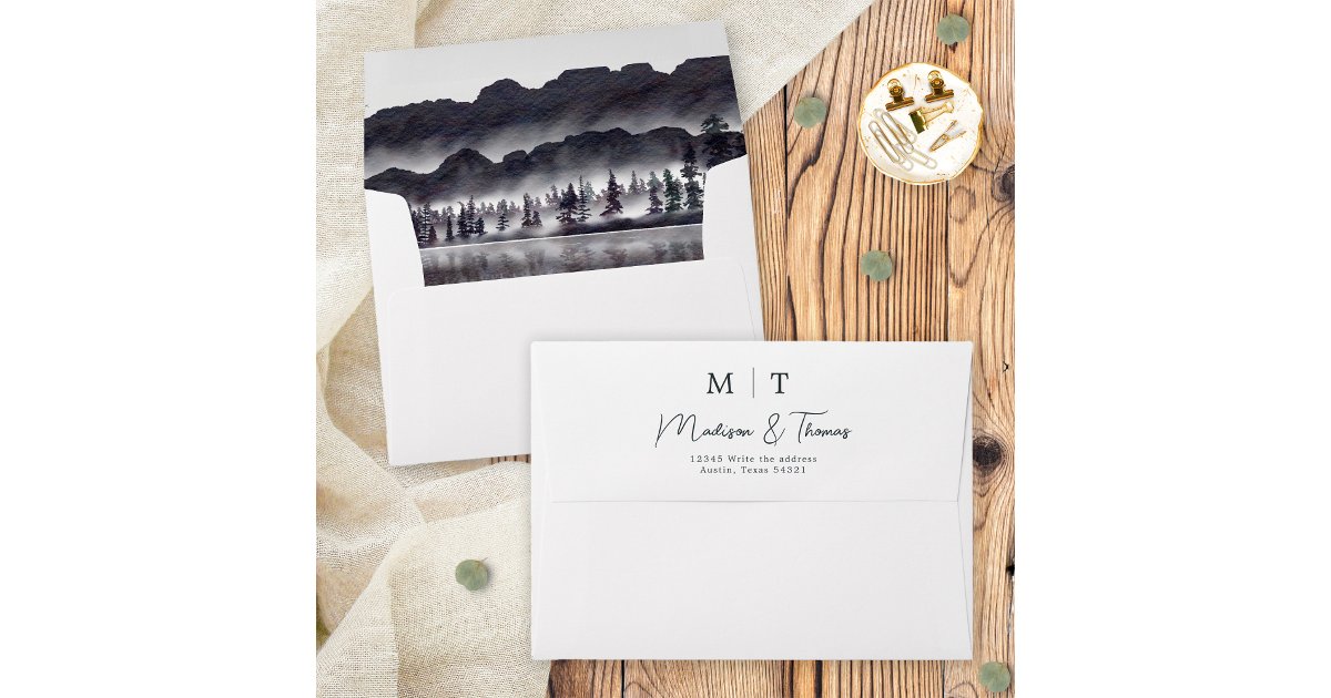 Rustic Tree Forest Woods Black and White Wedding Envelope | Zazzle