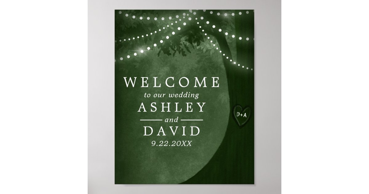 Rustic Tree Initials String Lights Green Wedding Poster | Zazzle