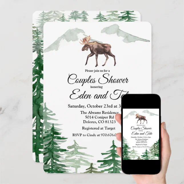 Rustic Tree Moose Couples Shower Invitation | Zazzle