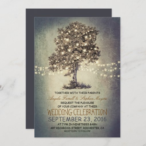Rustic tree & string lights wedding invitations | Zazzle