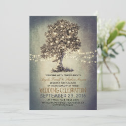 Rustic tree & string lights wedding invitations | Zazzle