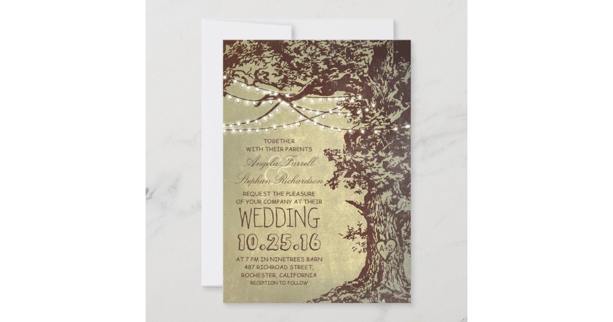 Rustic tree & string lights wedding invitations | Zazzle
