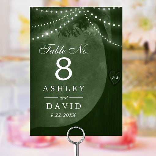 Rustic Tree String Of Lights Carved Initials Green Table Number | Zazzle