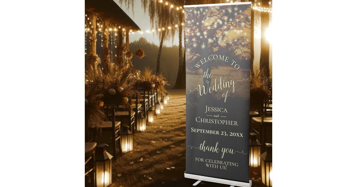 Rustic Tree with Lights Wedding Welcome Retractable Banner | Zazzle