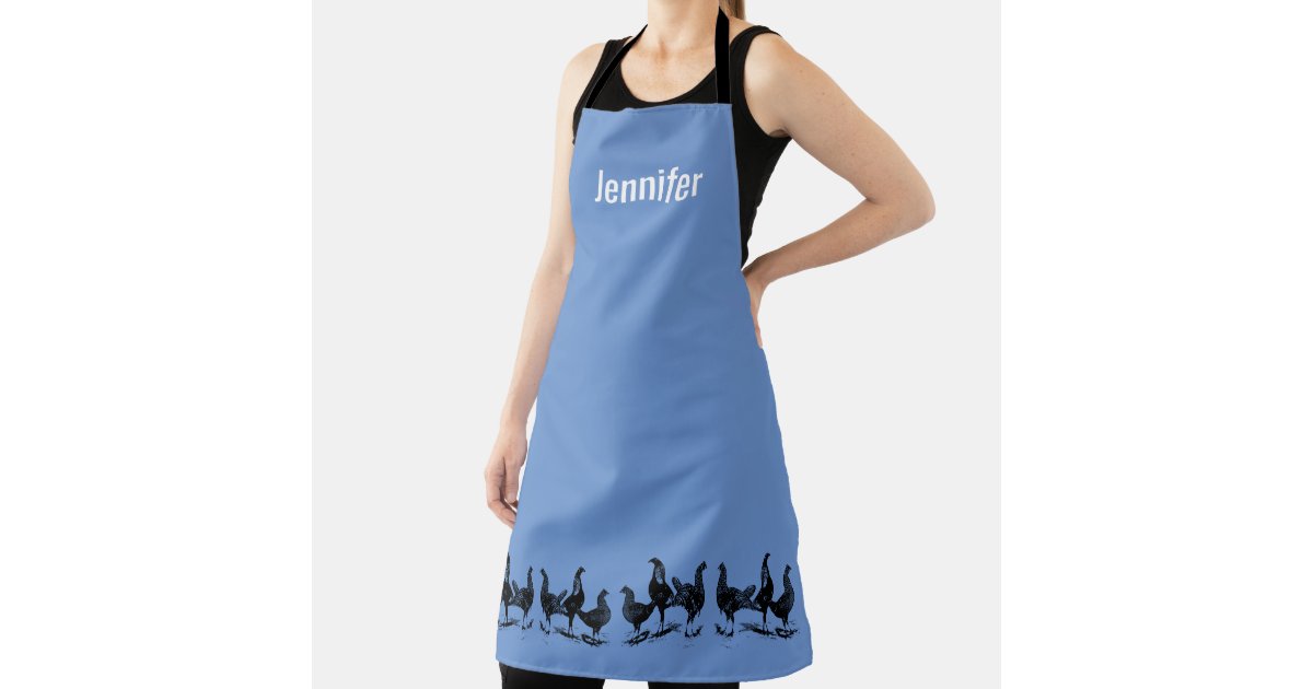 Rustic trendy chickens on blue monogram name apron | Zazzle