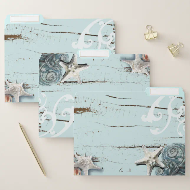 rustic tropical aqua blue seashell starfish beach file folder | Zazzle