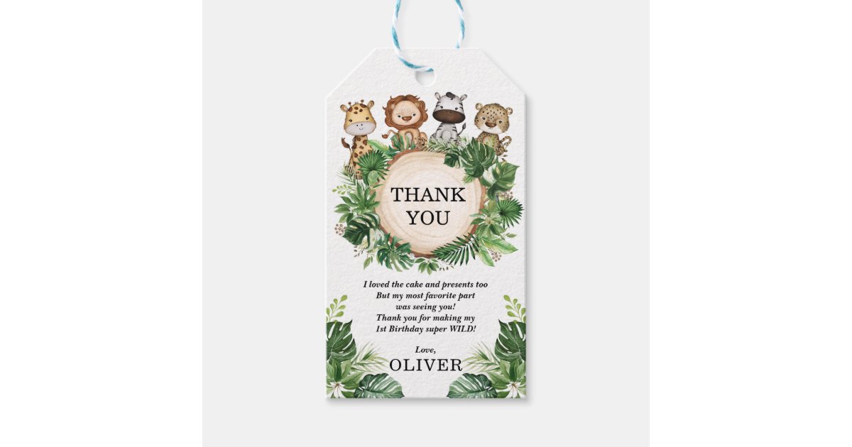 Rustic Tropical Jungle Wild Animals Boys Birthday Gift Tags | Zazzle