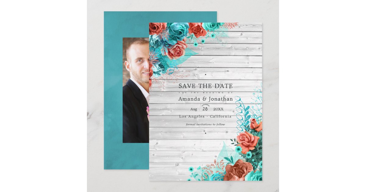 Rustic Turquoise and Coral Rustic Floral Wedding Save The Date | Zazzle