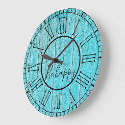 Rustic Turquoise Blue Wood Be Happy Quote Large Clock | Zazzle