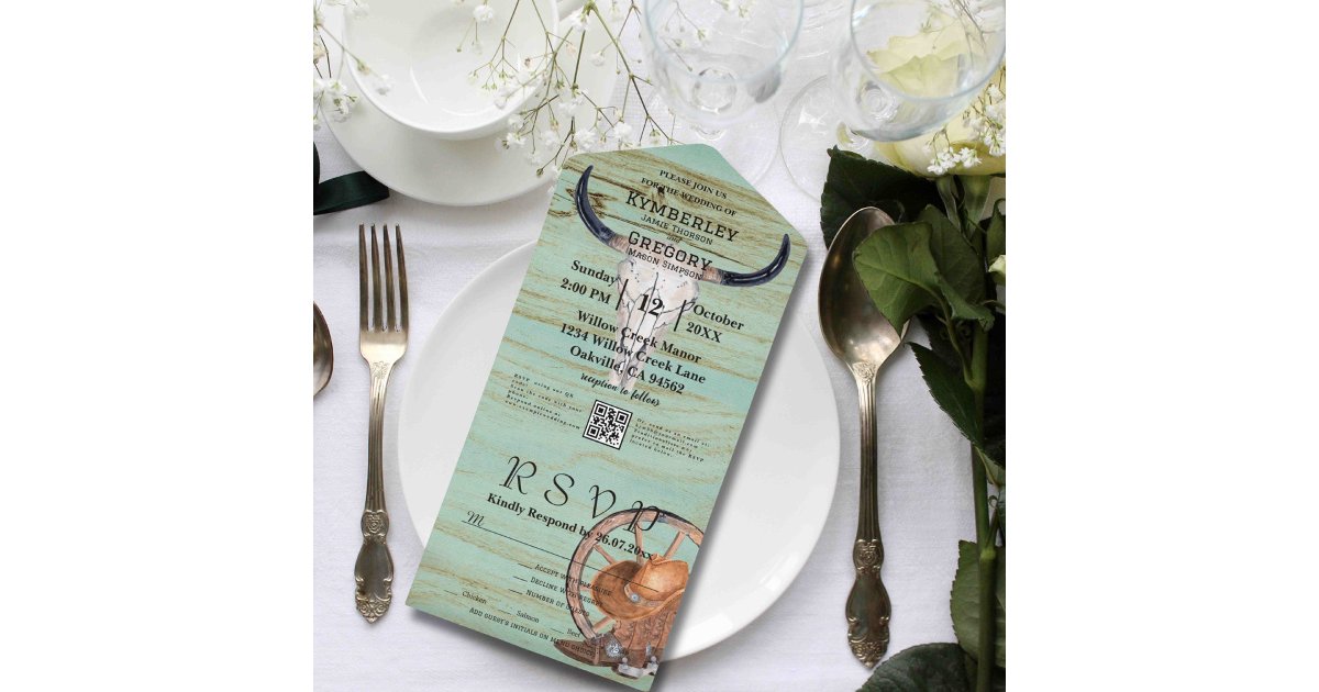 Rustic Turquoise Weathered Wood Western QR Code All In One Invitation ...