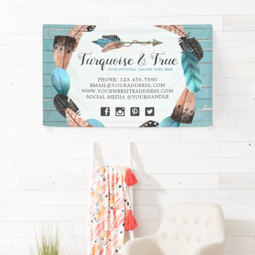 Rustic Turquoise Wood & Feather Arrow Boho Chic Banner | Zazzle