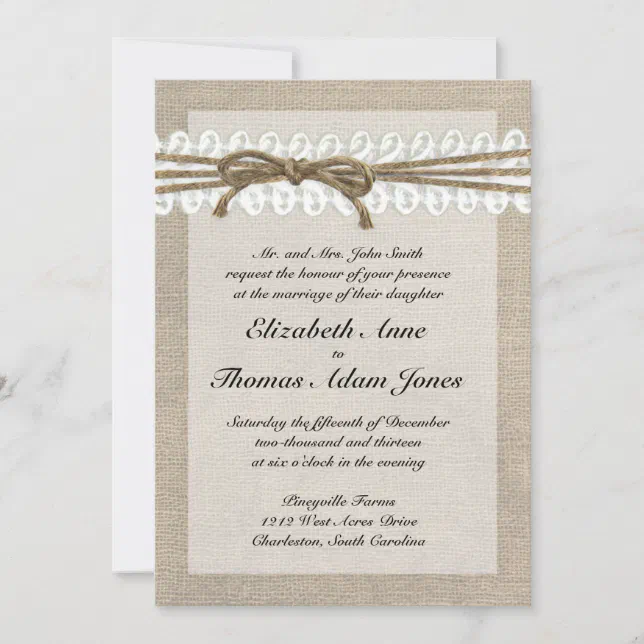 Rustic Twine and Lace Burlap Wedding Invitation | Zazzle