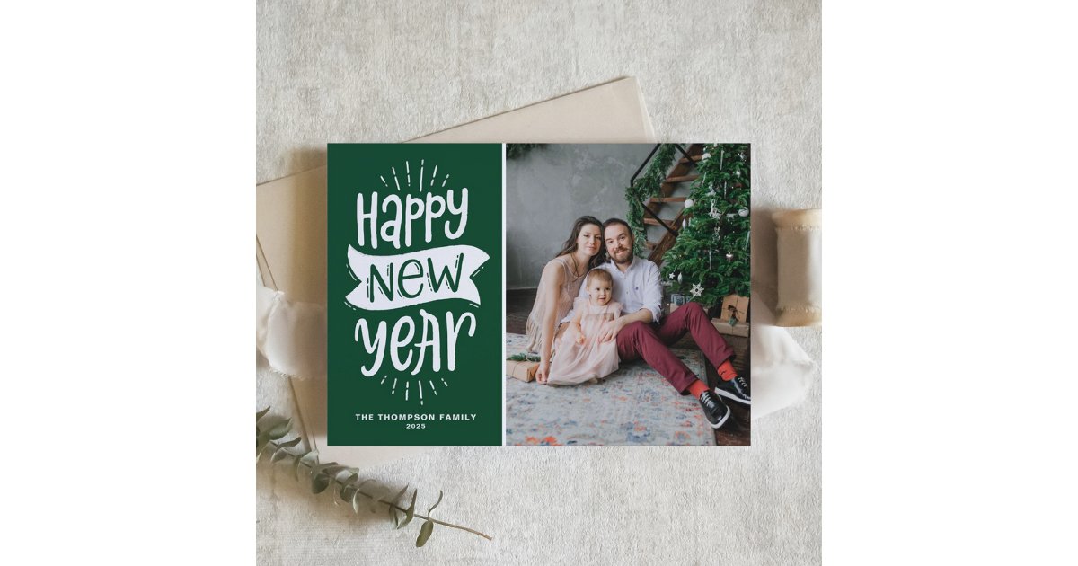 Rustic Typography Green Happy New Year Photo Holiday Card | Zazzle