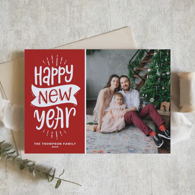 Rustic Typography Red Happy New Year Photo Holiday Card | Zazzle