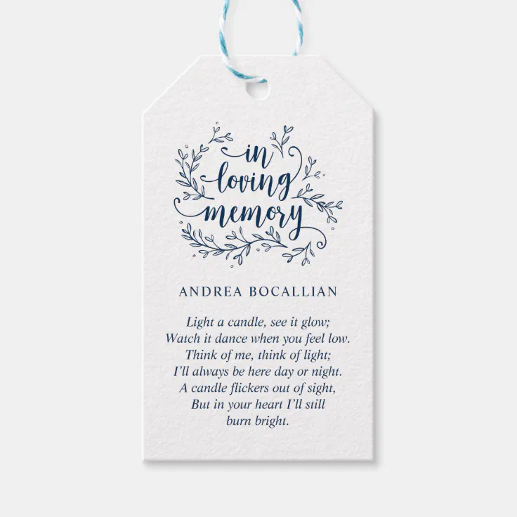 Rustic Vines, Navy Blue, Funeral Memorial Service Gift Tags | Zazzle