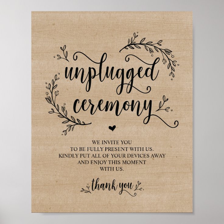 Rustic Vines Wedding UNPLUGGED CEREMONY sign | Zazzle
