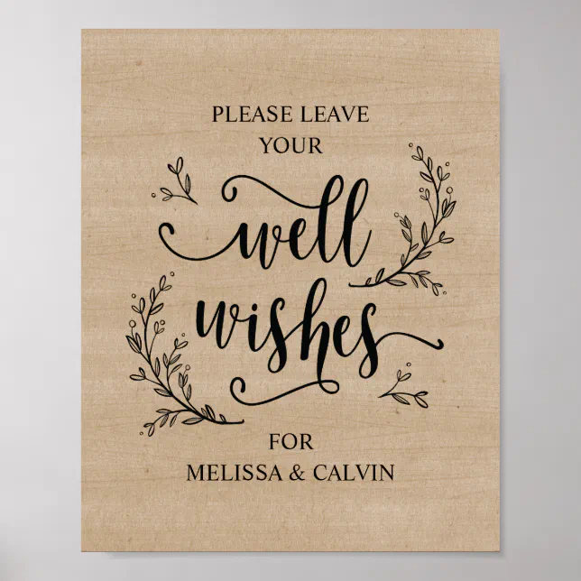 Rustic Vines Wedding Well Wishes sign poster | Zazzle