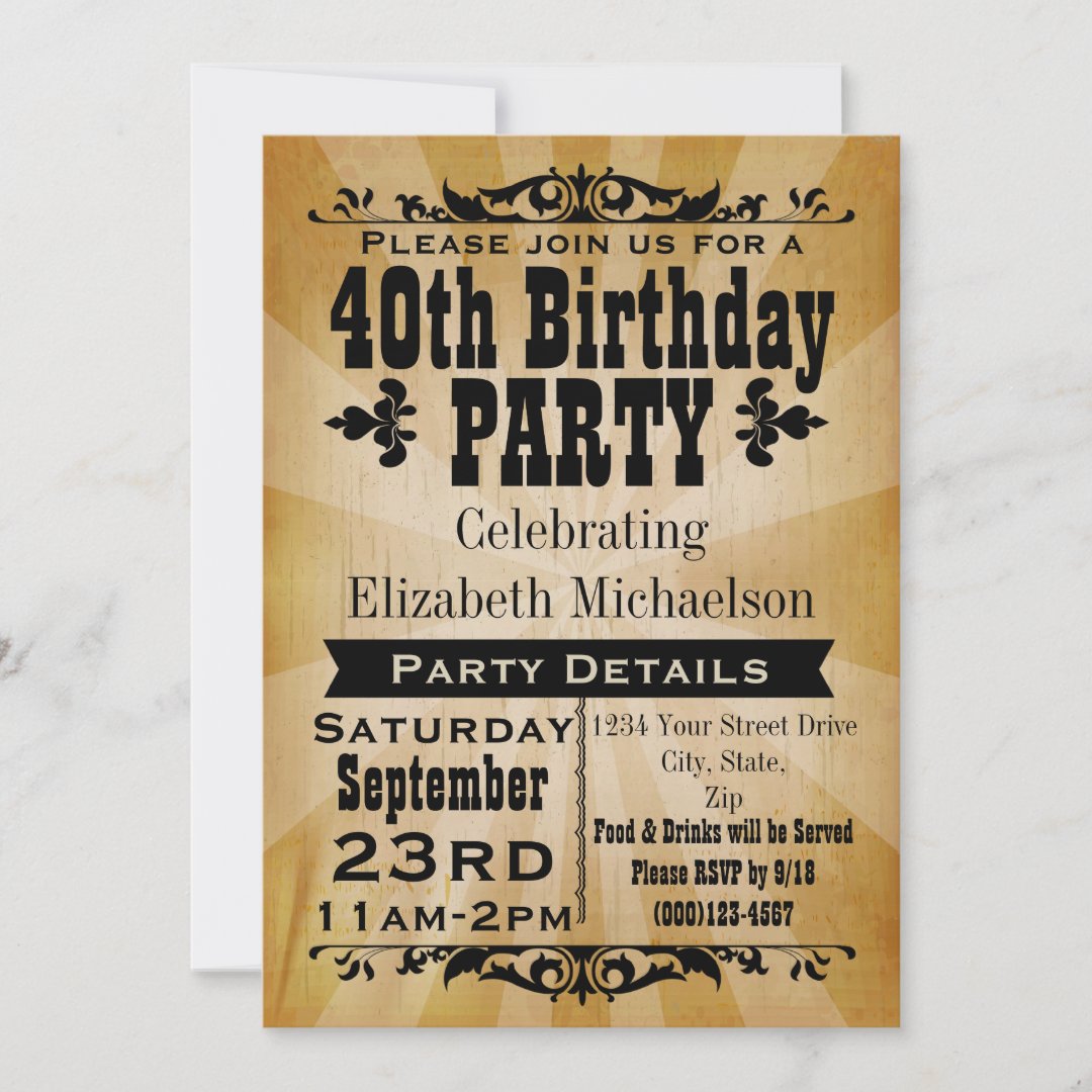 Rustic Vintage 40th Birthday Party Invitation | Zazzle