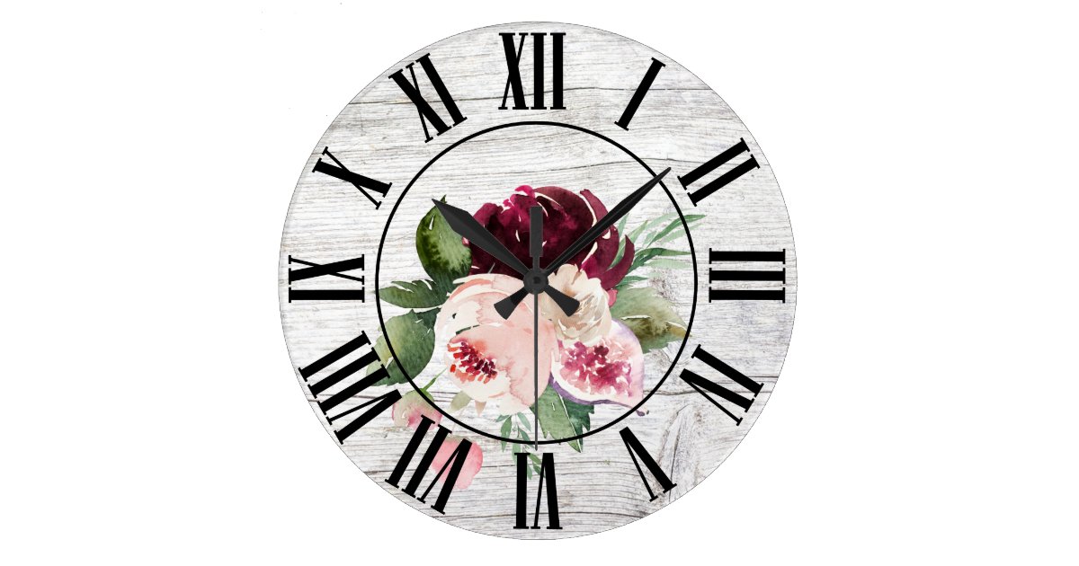 Rustic Vintage Barn Wood Burgundy Pink Floral Large Clock | Zazzle