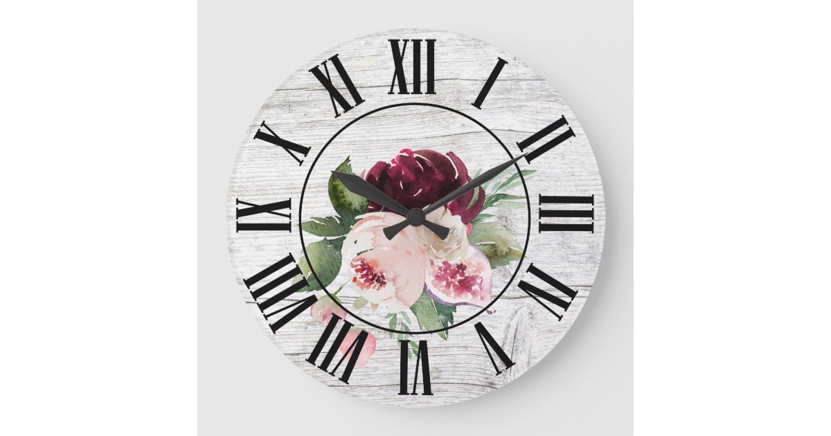 Rustic Vintage Barn Wood Burgundy Pink Floral Large Clock | Zazzle