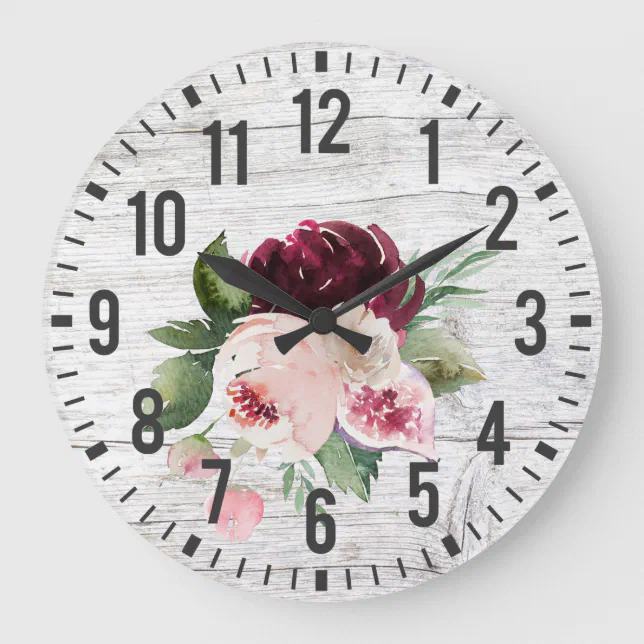 Rustic Vintage Barn Wood Burgundy Pink Floral Large Clock | Zazzle