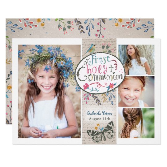 Rustic Vintage Beige First Holy Communion floral Invitation | Zazzle.com