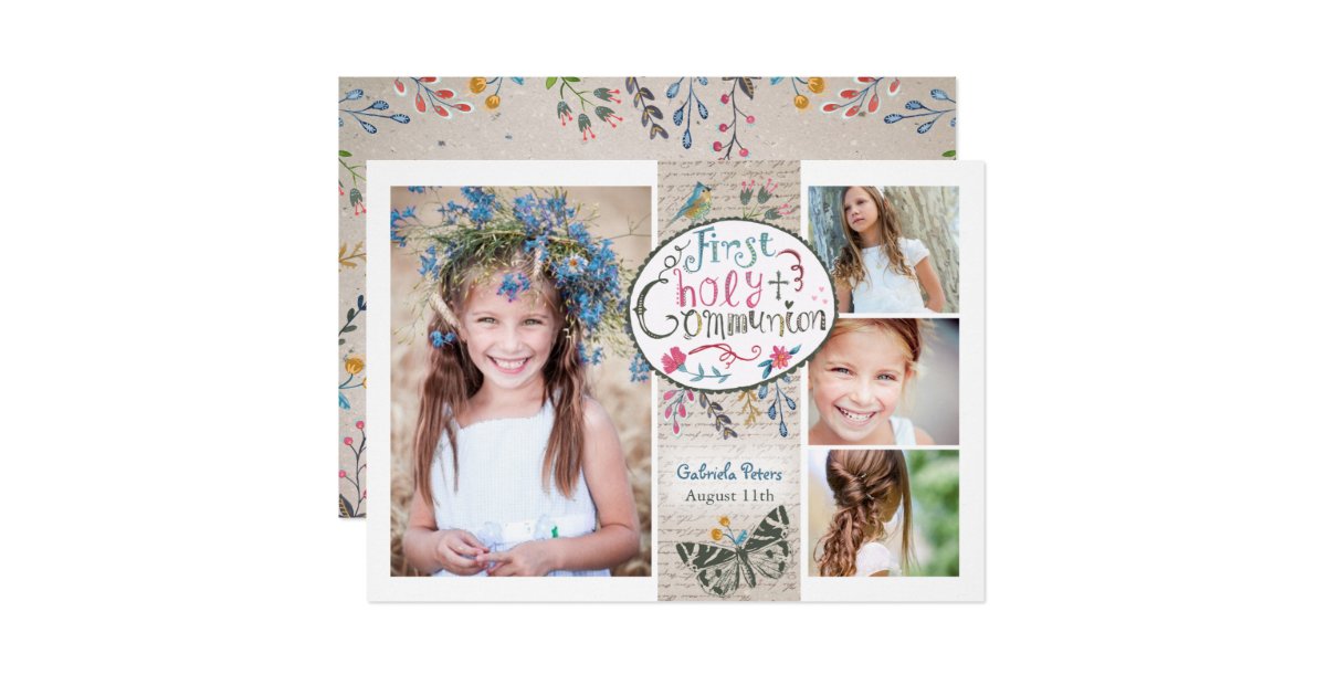 Rustic Vintage Beige First Holy Communion floral Invitation | Zazzle.com