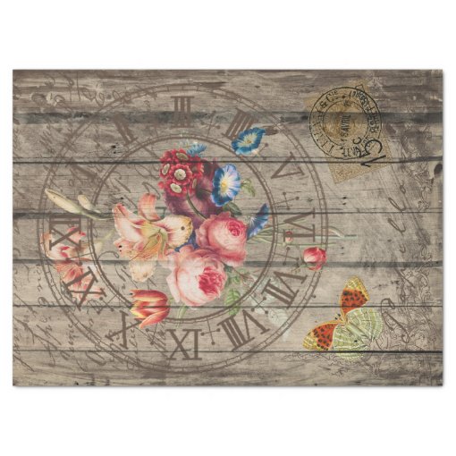 Rustic vintage clock decoupage tissue paper | Zazzle