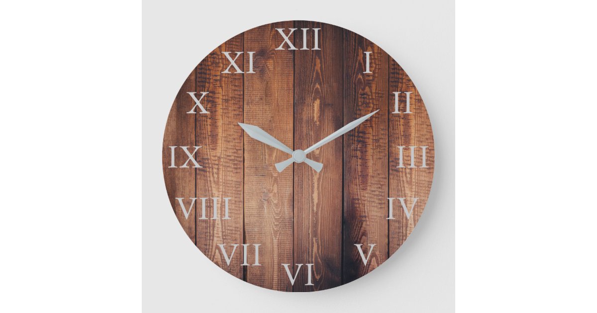 Rustic vintage dark wood Roman numbers Large Clock | Zazzle