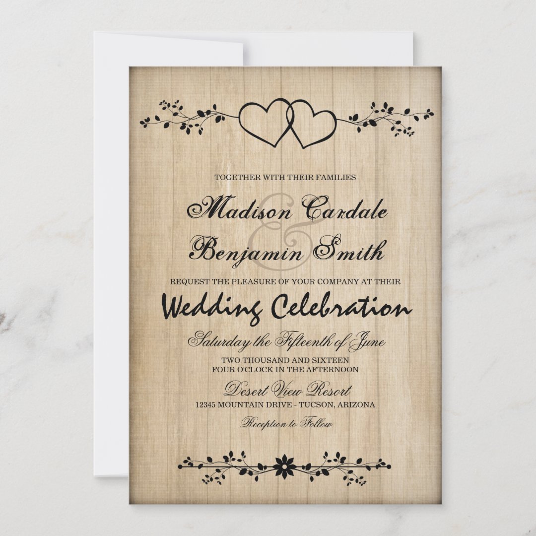 Rustic Vintage Double Hearts Wedding Invitations | Zazzle