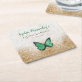 Rustic Vintage Emerald Green Gold Butterfly Squar Square Paper Coaster ...