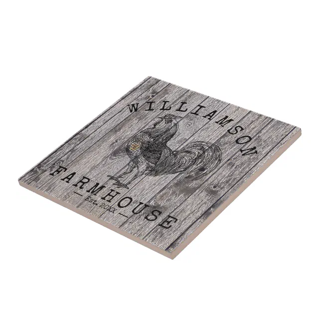 Rustic Vintage Family Name Farmhouse Rooster Wood Ceramic Tile | Zazzle