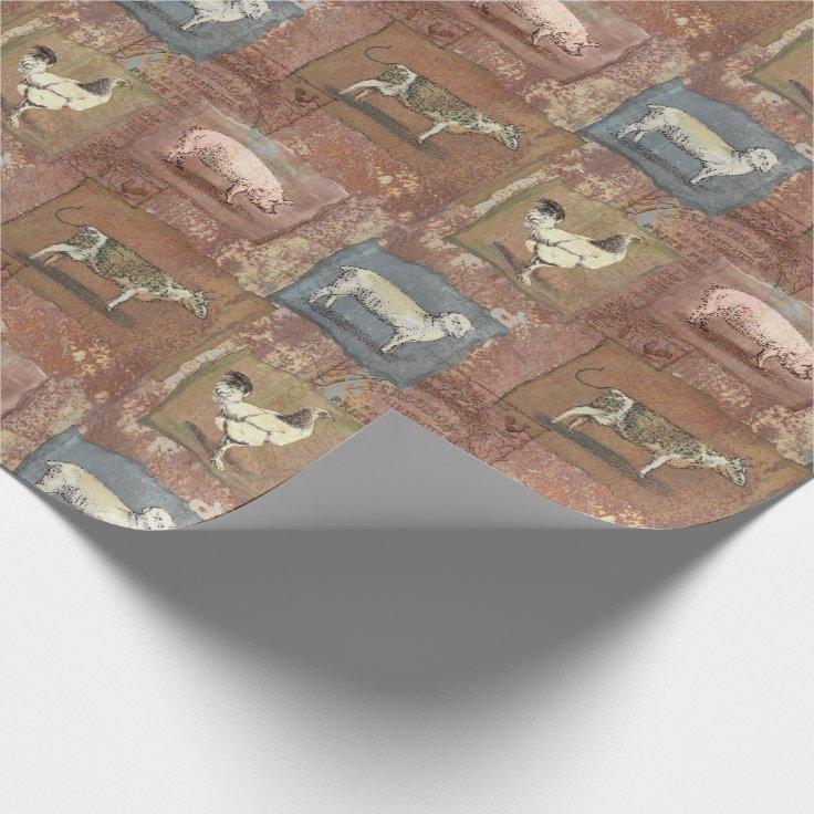 Rustic Vintage Farm Animals Rust Pattern Wrapping Paper | Zazzle