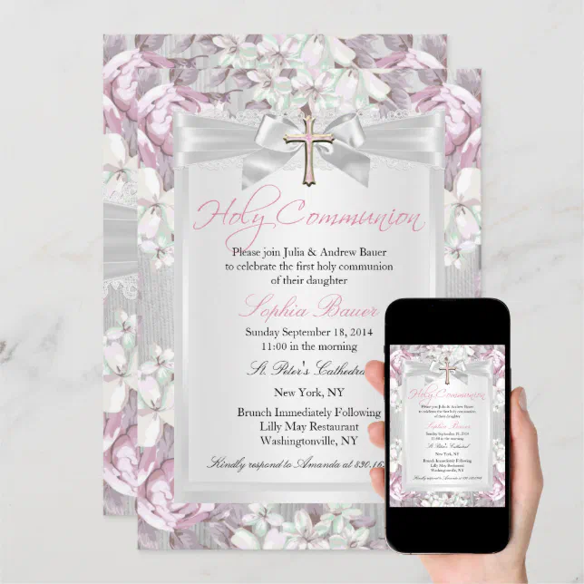 Rustic Vintage Floral First Communion Pink Invitation | Zazzle