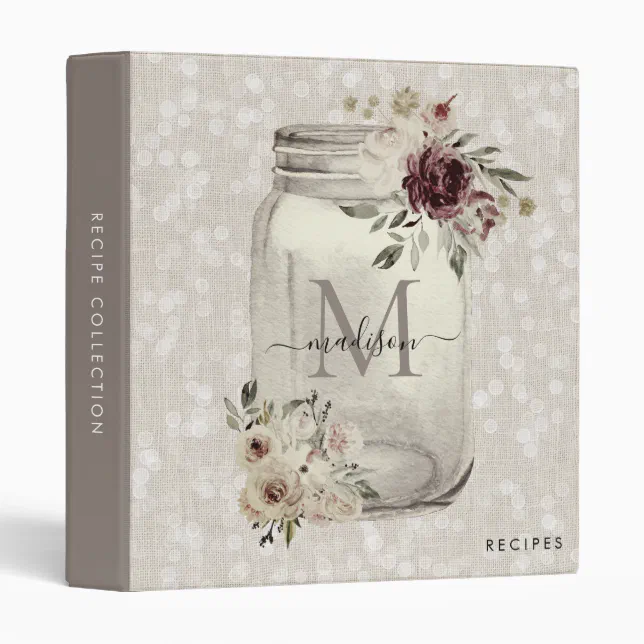Rustic Vintage Floral Mason Jar Monogram Kitchen 3 Ring Binder | Zazzle
