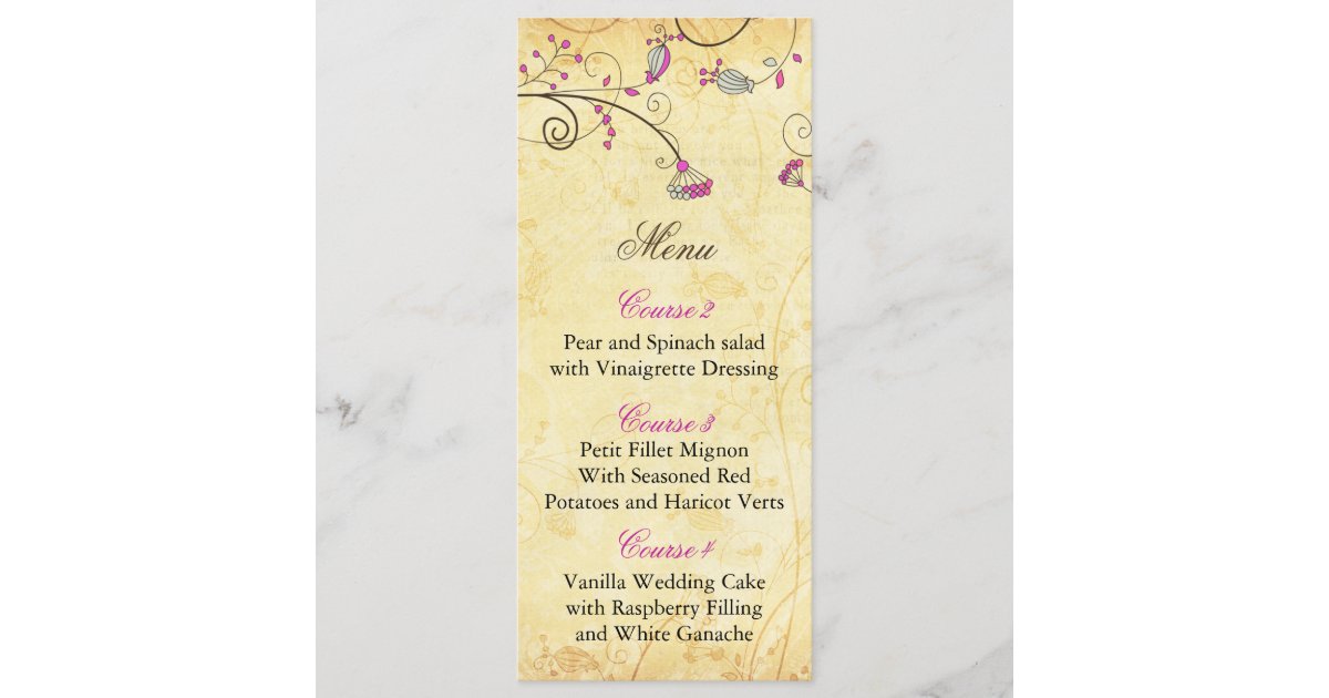 rustic vintage fuchsia floral wedding menu cards | Zazzle