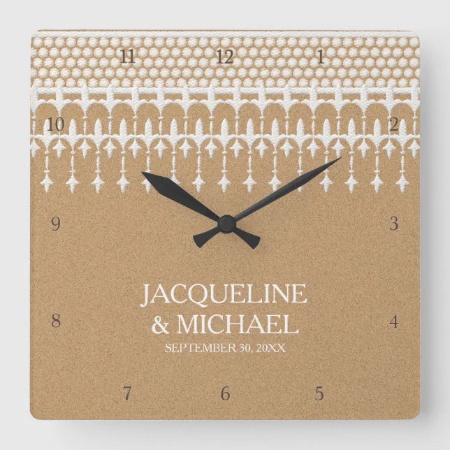 Rustic Vintage Lace Kraft Paper Script Typography Square Wall Clock ...