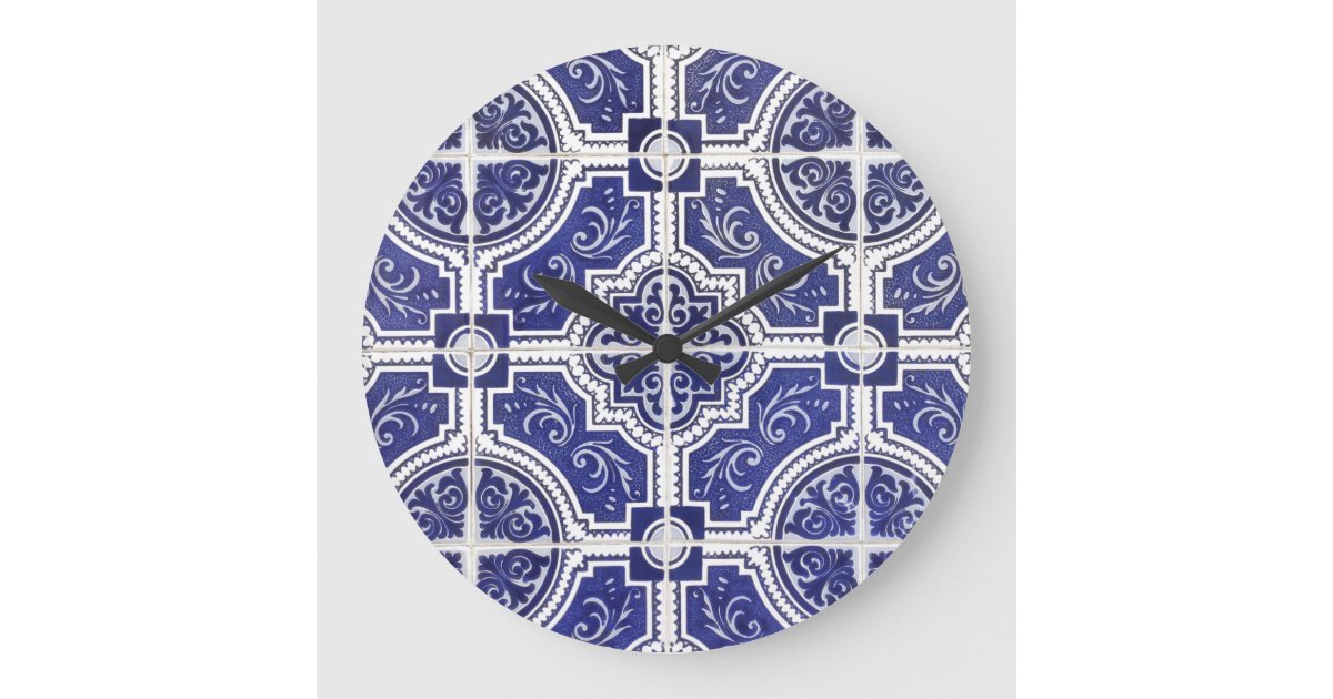 Rustic Vintage Portuguese Tiles Pattern - Azulejo Large Clock | Zazzle