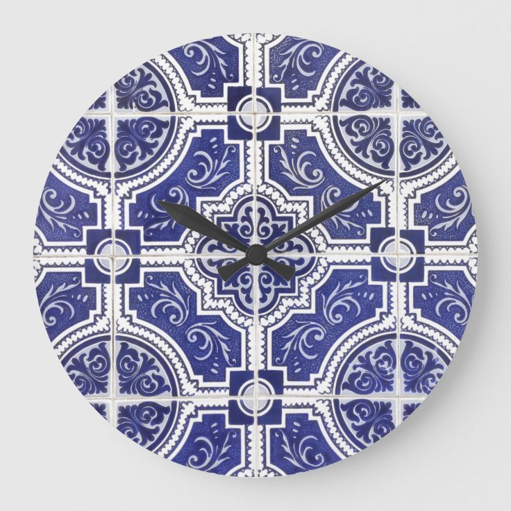 Rustic Vintage Portuguese Tiles Pattern - Azulejo Large Clock | Zazzle