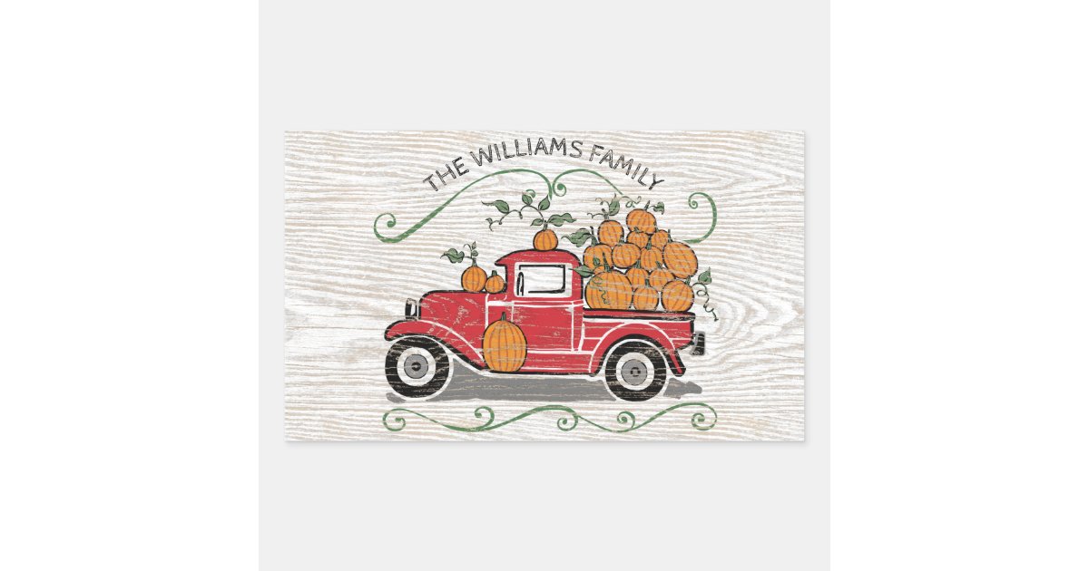 Rustic Vintage Red Truck Pumpkins Family Name Rectangular Sticker | Zazzle