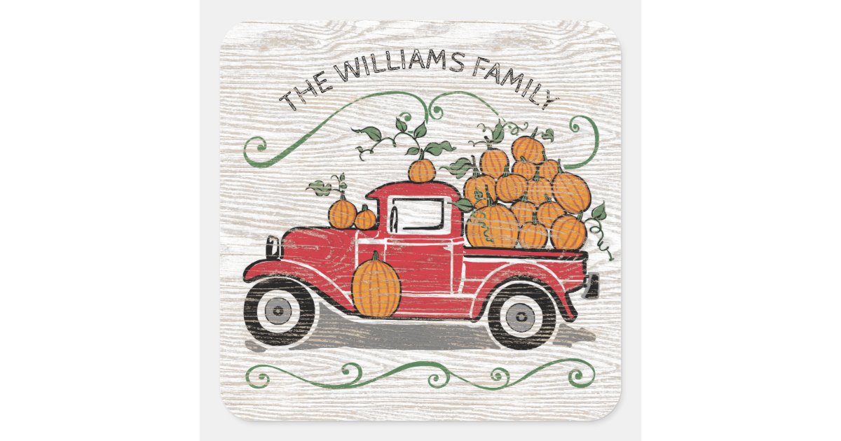 Rustic Vintage Red Truck Pumpkins Family Name Square Sticker | Zazzle