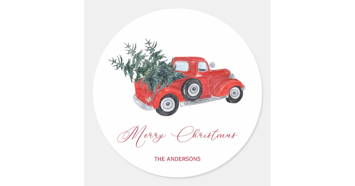 Rustic Vintage Red Truck with Christmas Trees Classic Round Sticker ...