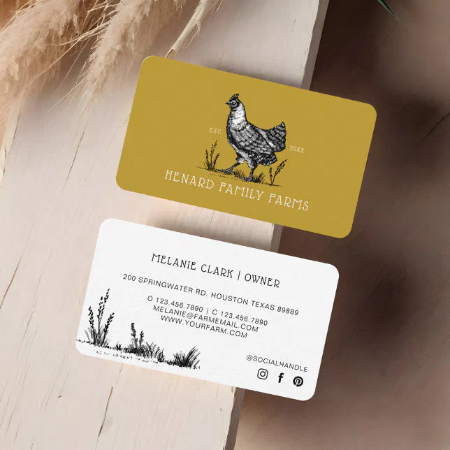 Rustic Vintage Sketch Farm Hen Mustard Gold Yellow Business Card | Zazzle
